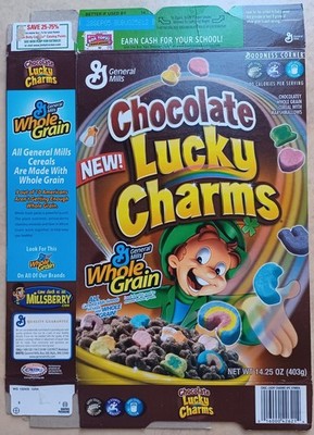 1st year of manufacture 2005 Chocolate Lucky Charms Cereal Box 14.25 oz ...