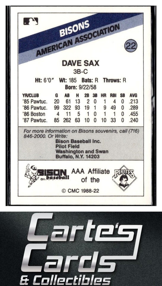 Dave Sax 1988 CMC Buffalo Bisons #22 Pittsburgh Pirates | eBay