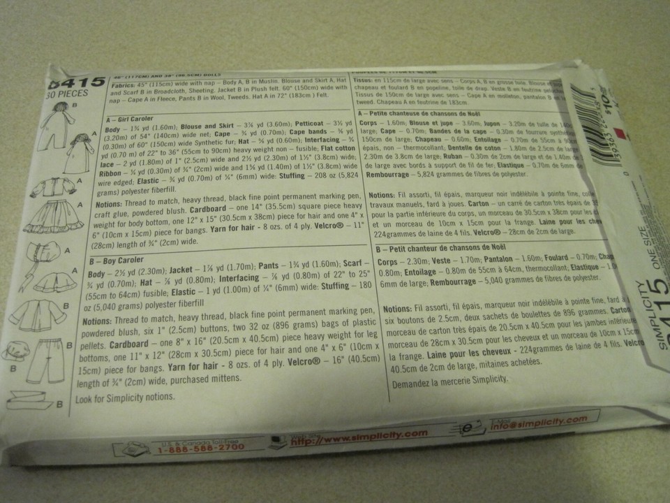 HOLIDAY DOLLS 36 & 48" Vintage SIMPLICITY 8415 Sewing Pattern VAN ...