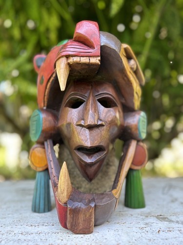 Hand Carved Wood Mayan Mask Warrior Pyramid Artwork Chichén Itza Jaguar ...
