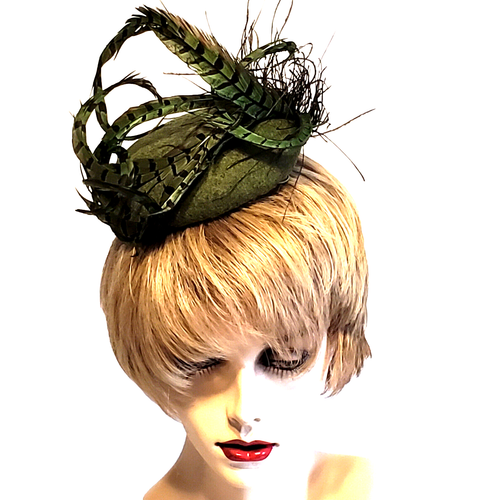 Tilly Ellen Millinary Beret Hat Fascinator Deep Green with Feathers New ...
