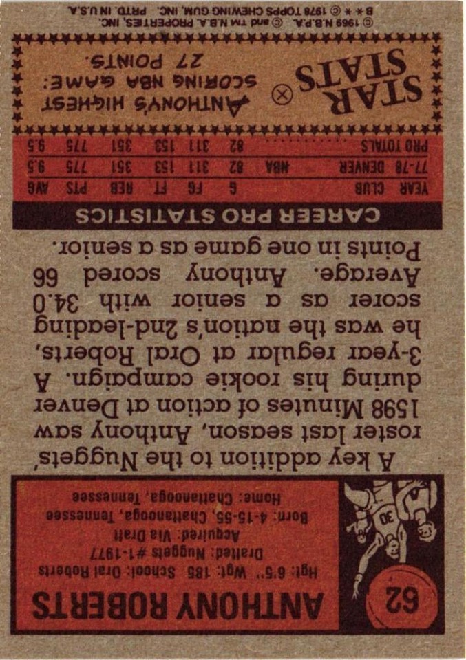 ANTHONY ROBERTS CARD #62 FREE SHIP 50% OFF SALE B1003R1S20P7 | eBay