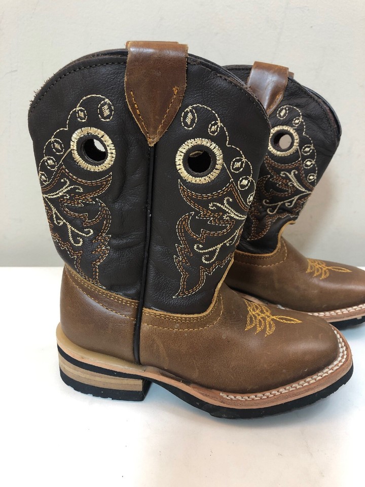 Potrero Square Toe Kids Brown Leather Embroid Western Cowboy Boots Size ...