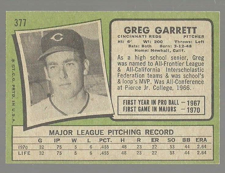 1971 TOPPS BASEBALL #377 GREG GARRETT NM/MT CINCINNATI REDS 2ND YEAR ...