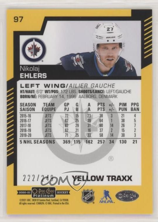 2020-21 O-Pee-Chee Platinum Yellow Traxx /249 Nikolaj Ehlers #97 | eBay