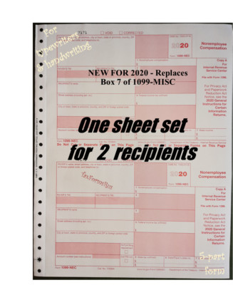 2020 IRS Tax Form 1099-NEC single sheet set for 2 recipients ...