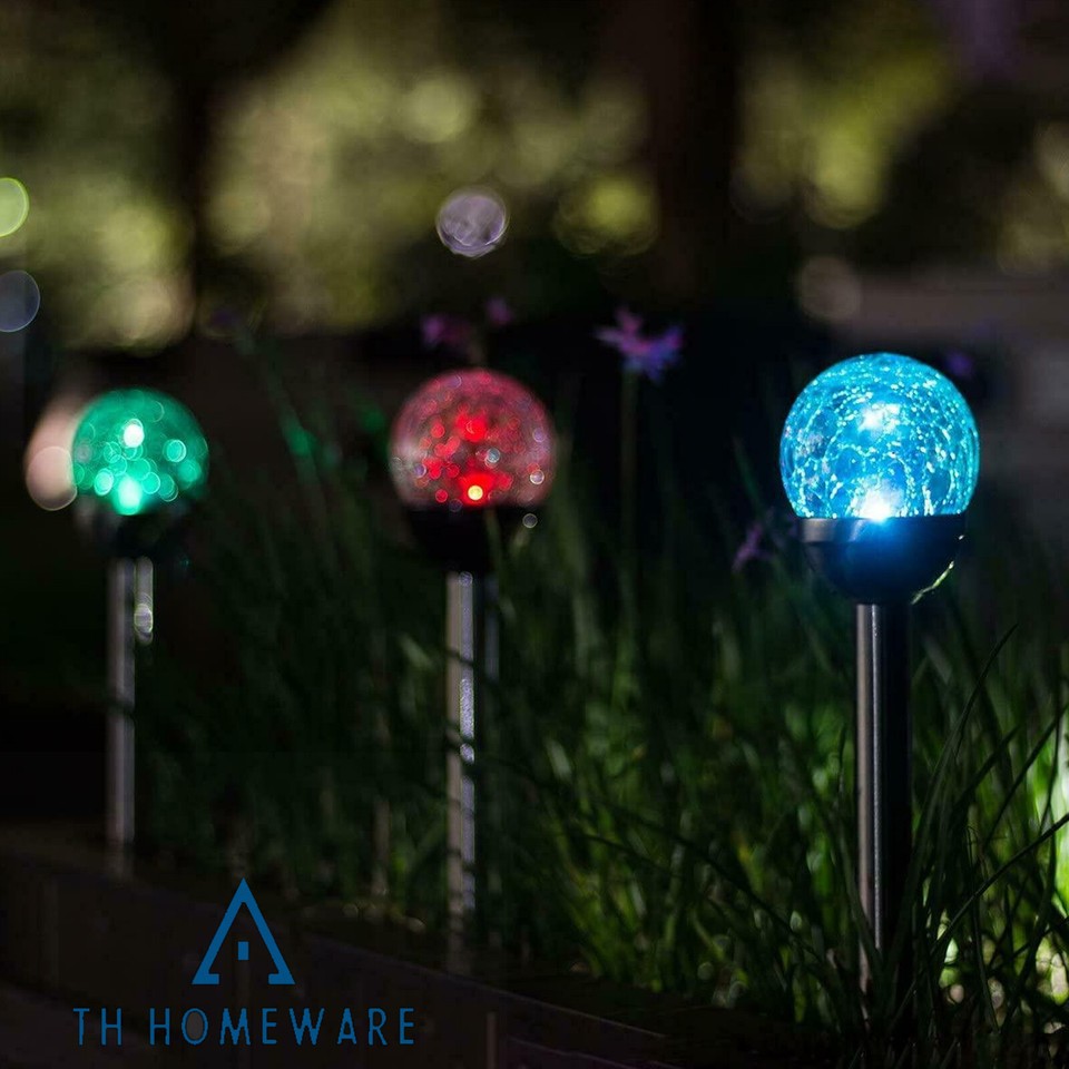 Solar Powered Light Crackle Ball Led Lights Colour Change Steel Garden ...