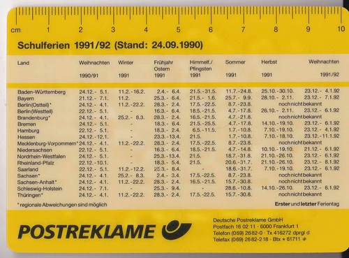 Taschenkalender 1991 Postreklame Deutsche Post Schulferien Kalender ...