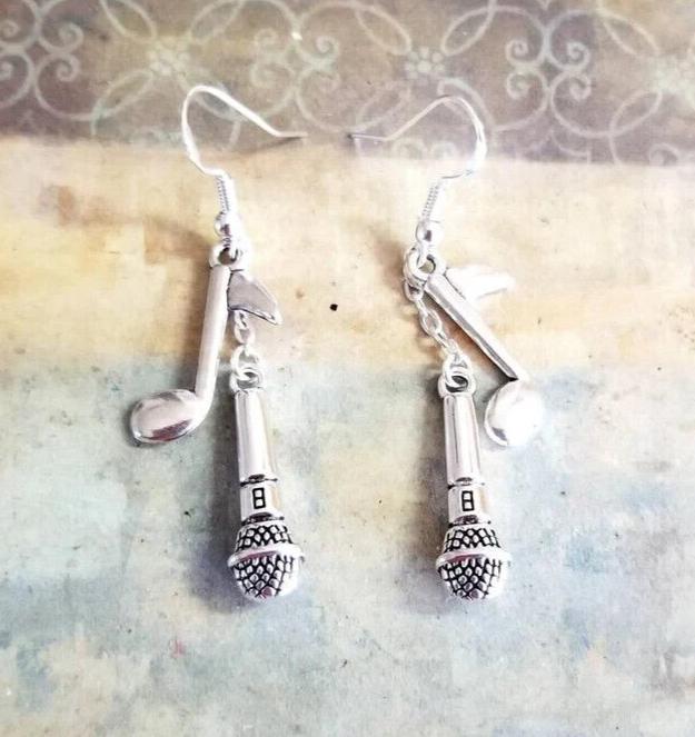Silver Music Note Earrings Dangle Eighth Note Microphone Steve Perry ...