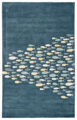 Modern Coastal Fish Captains Blue Hand-Tufted 100% Wool Soft Area Rug ...