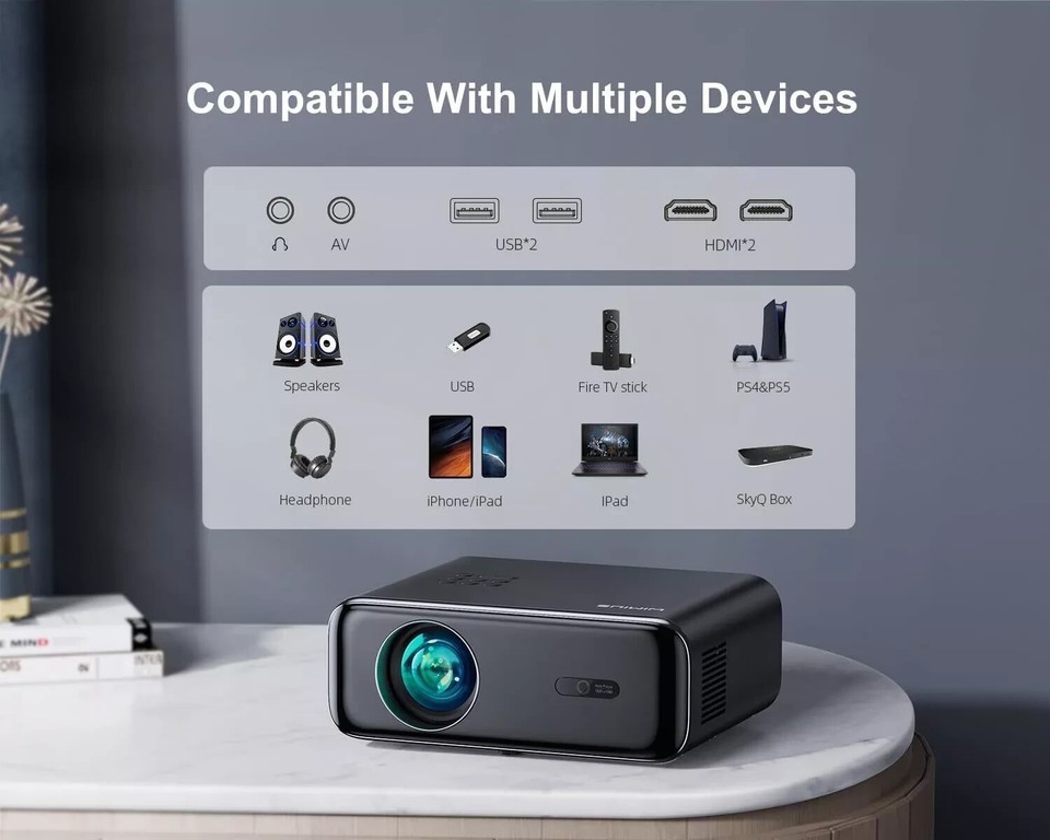 Wimius Portable Projector Full HD 300’’ Keystone 50% Zoom WiFi 6 ...