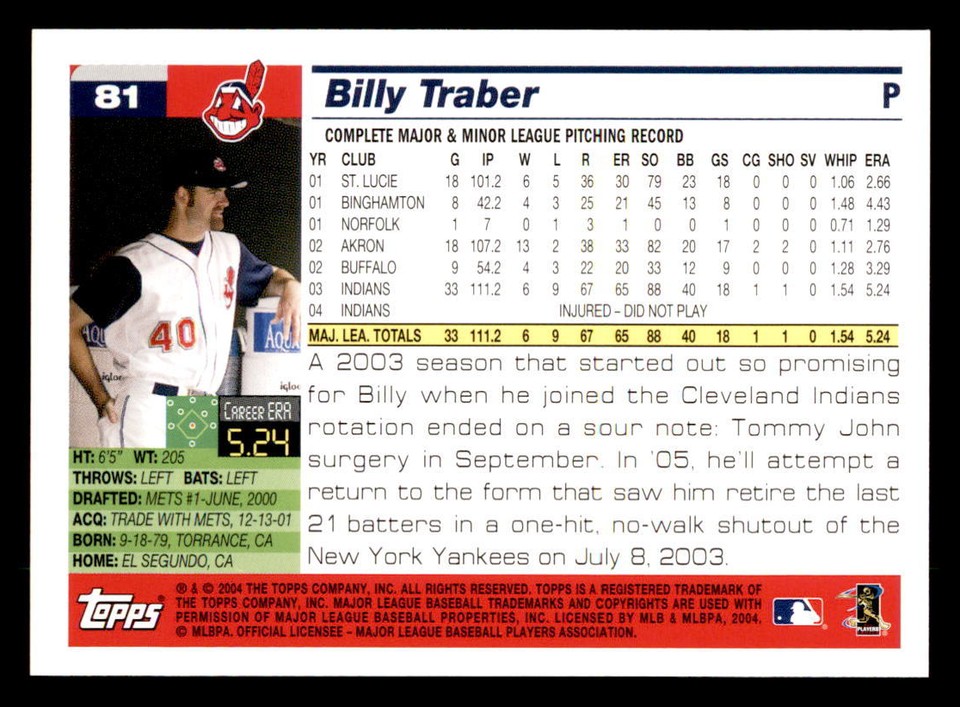 2005 Topps #81 Billy Traber Cleveland Indians | eBay