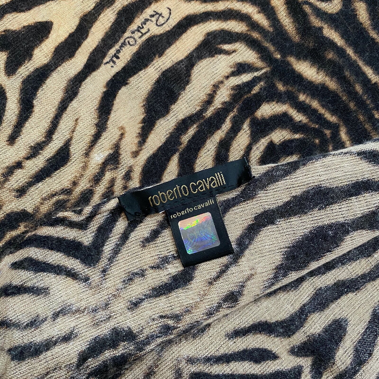 ROBERTO CAVALLI Brown Animal Print Cashmere Stole Fringe Hem - 77"" x ...