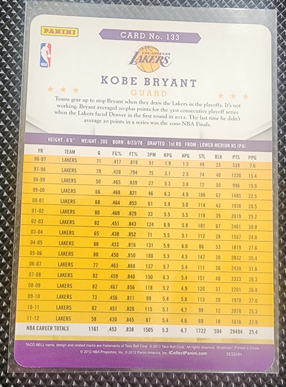 2012-13 NBA Hoops Taco Bell Kobe Bryant SSP #133 -🐍Rare Insert Of Mamba ...