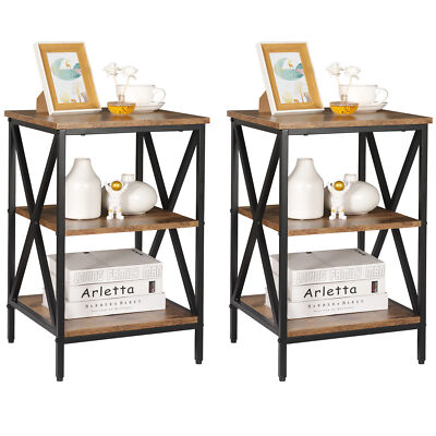 Set of 2 End Tables X Design Metal Frame Storage Shelves Brown 3-Tier ...