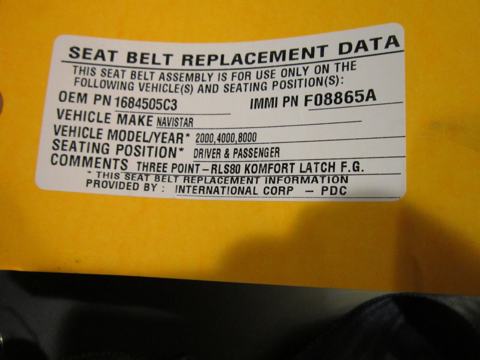 International Navistar Truck Safety 1684505C3 Seat Belt 3 Point Rls80 ...