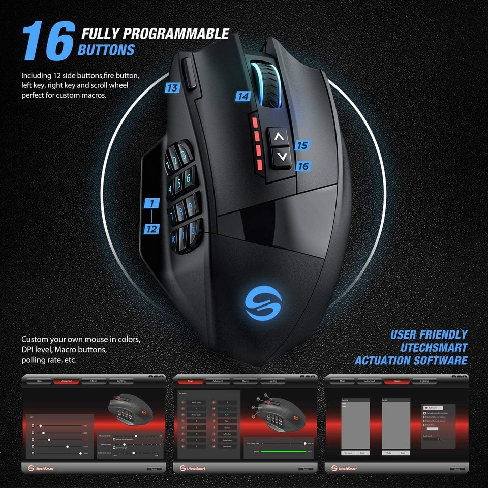 Venus Pro RGB Wireless MMO Gaming Mouse, 16,000 DPI Optical Sensor, 2.4 ...