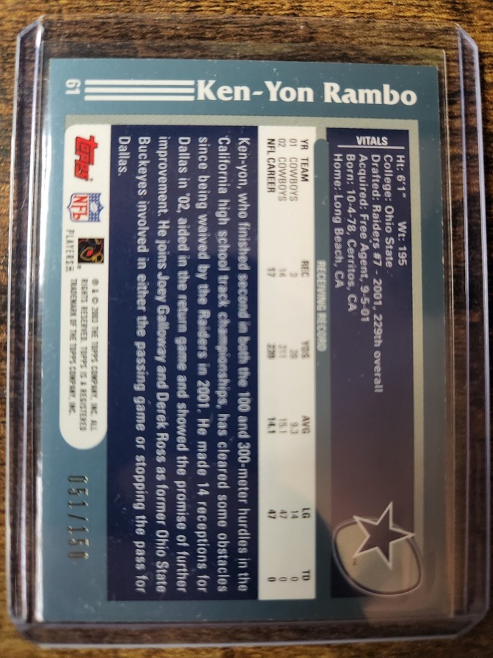 2003 Topps Ken-Yon Rambo Black Border Parallel 51/150 #61 Cowboys Ohio ...