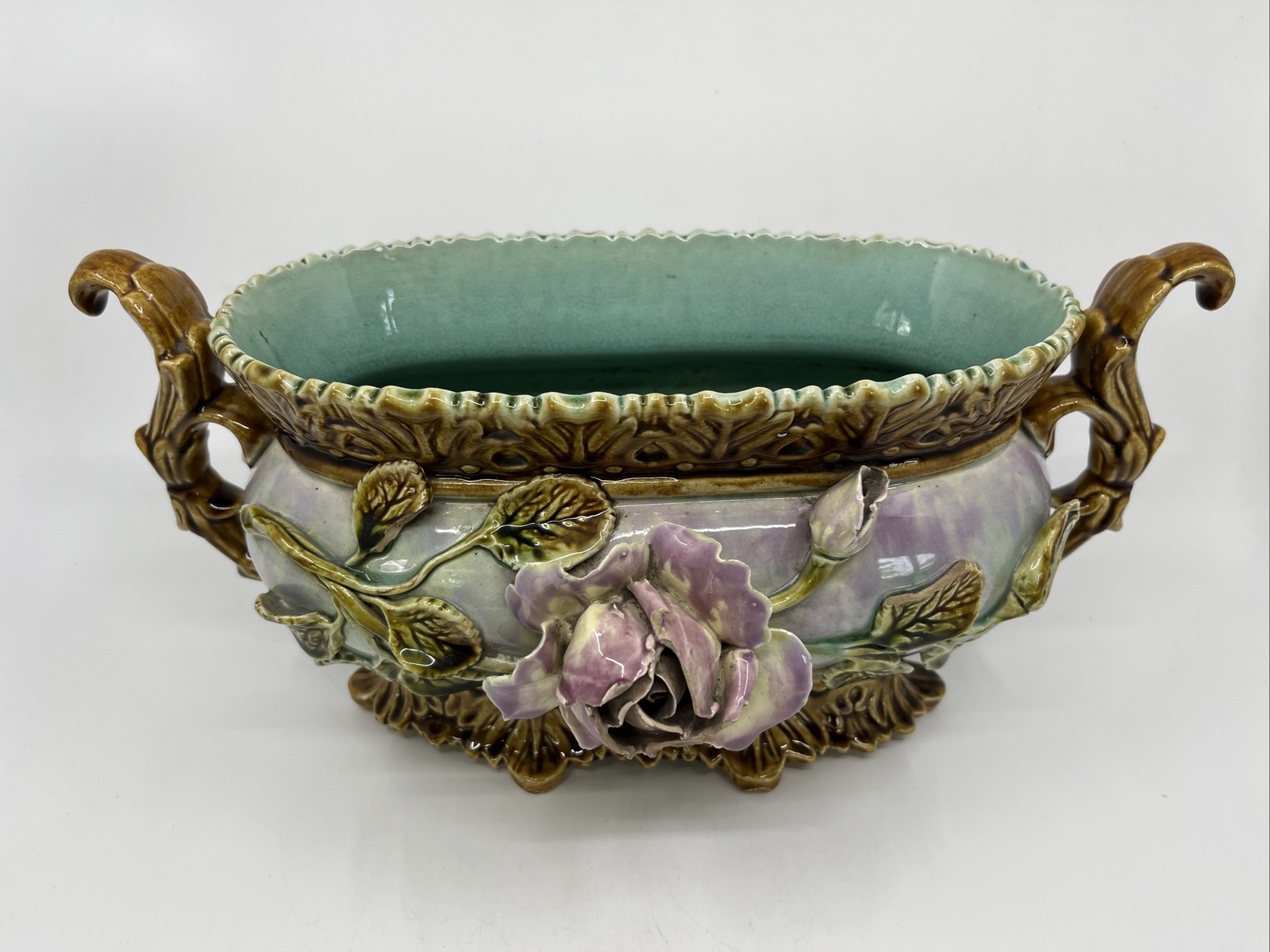 Antique French Majolica Barbotine 12” Jardiniere Planter Roses Leaves ...