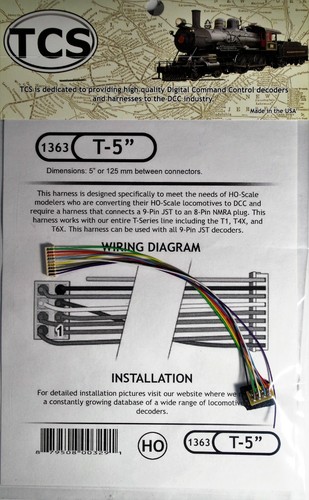 DCC Train Control Systems TCS T-5" Harness 9-pin JST to 8-pin NMRA plug ...