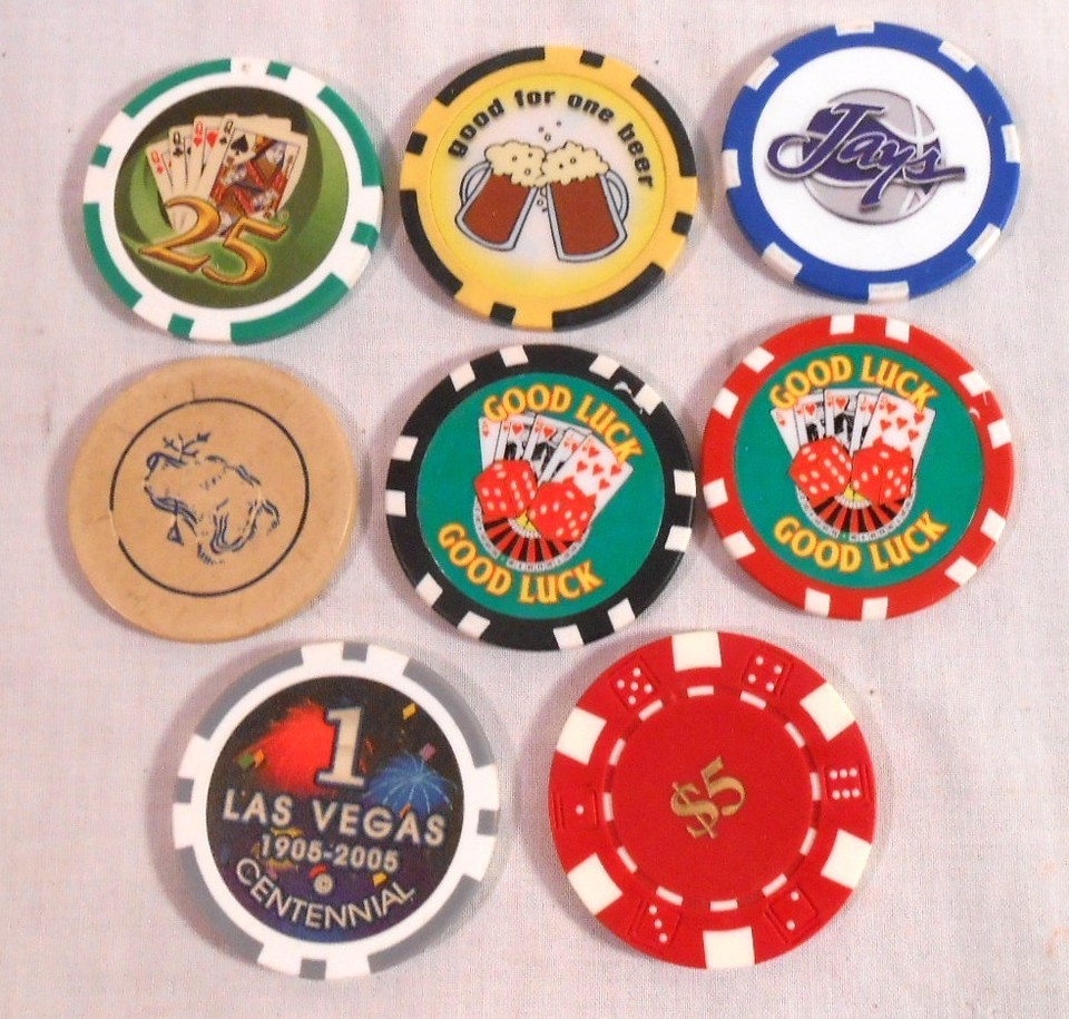 8 CLAY POKER CHIPS $5 LAS VEGAS Gamblers General Store Jays Centennial ...