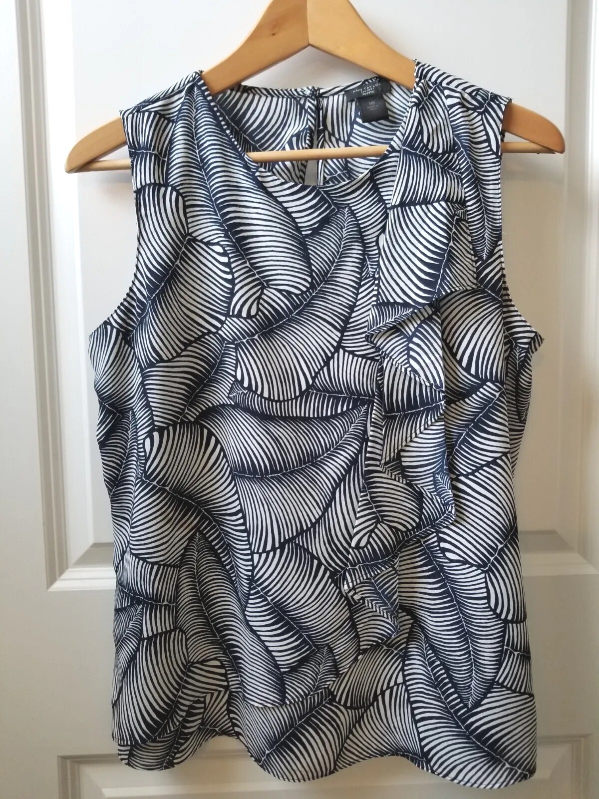 Ann Taylor Women's Petite Navy/White Cascading Side Ruffle SL Blouse ...