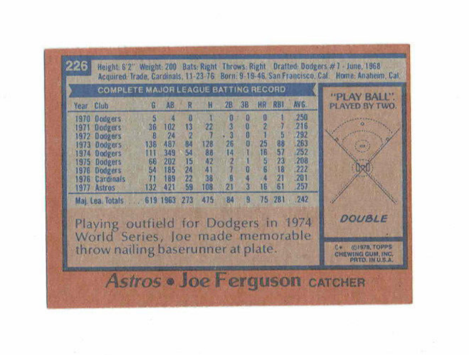 Joe Ferguson Houston Astros C #226 Topps 1978 #Baseball Card | eBay