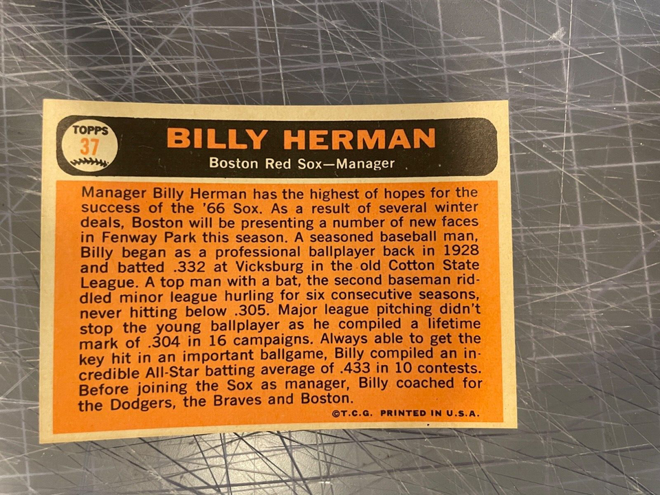 1966 TOPPS #37 BILLY HERMAN BOSTON RED SOX BASEBALL CARD NM/MT | eBay