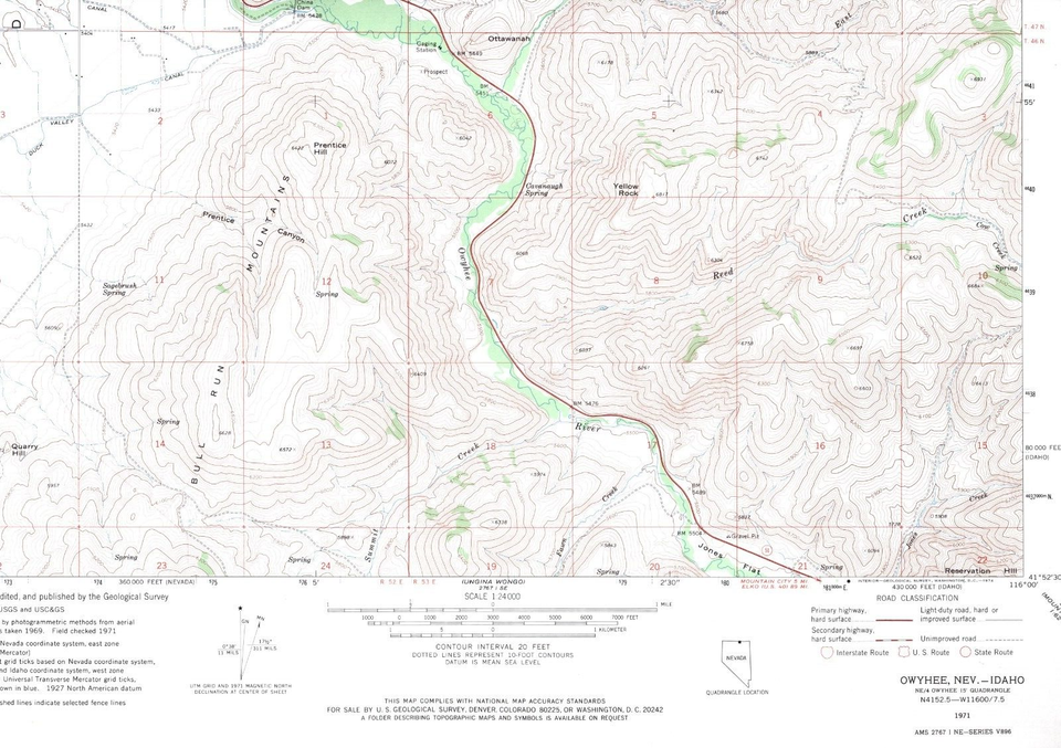 Owyhee, Nevada-Idaho 1971 Vintage USGS Topo Map 7.5 Quadrangle ...