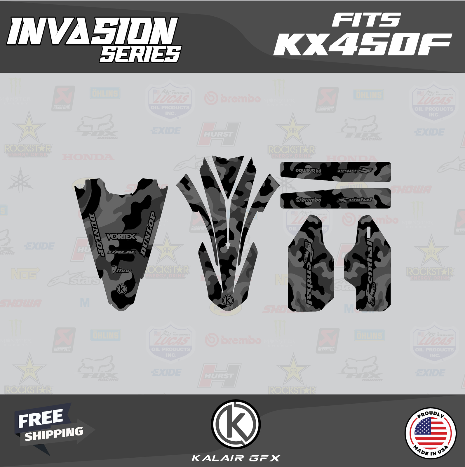 Graphics Kit for Kawasaki KX450F (2016-2018) KX 450F Invasion - SMOKE ...