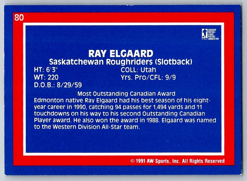 1991 ALL WORLD CFL RAY ELGAARD SASKATCHEWAN ROUGHRIDERS #80 | eBay