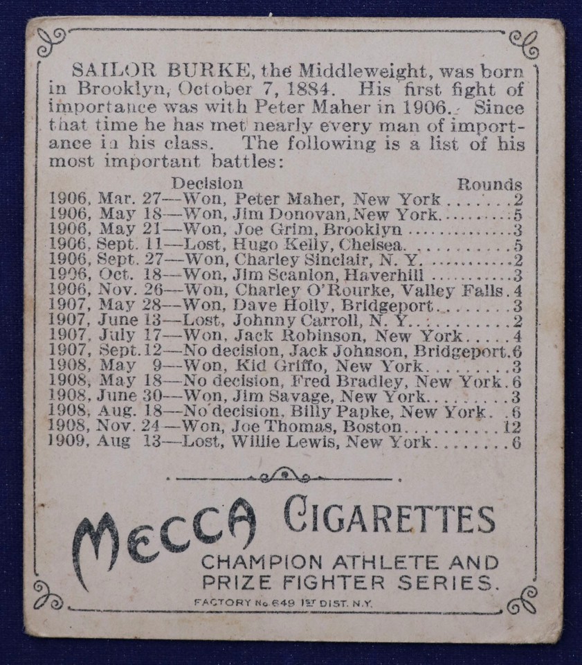 1910 T218 Mecca Champions #96 Sailor Burke Boxing VG+ no creasing | eBay