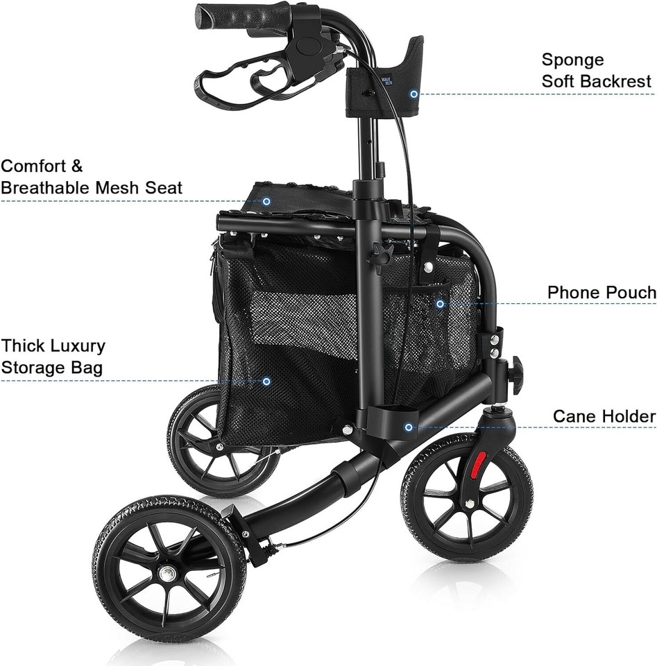 Rollator Walker Aluminum 3 Wheel Adjustable Foldable Lightweight with ...