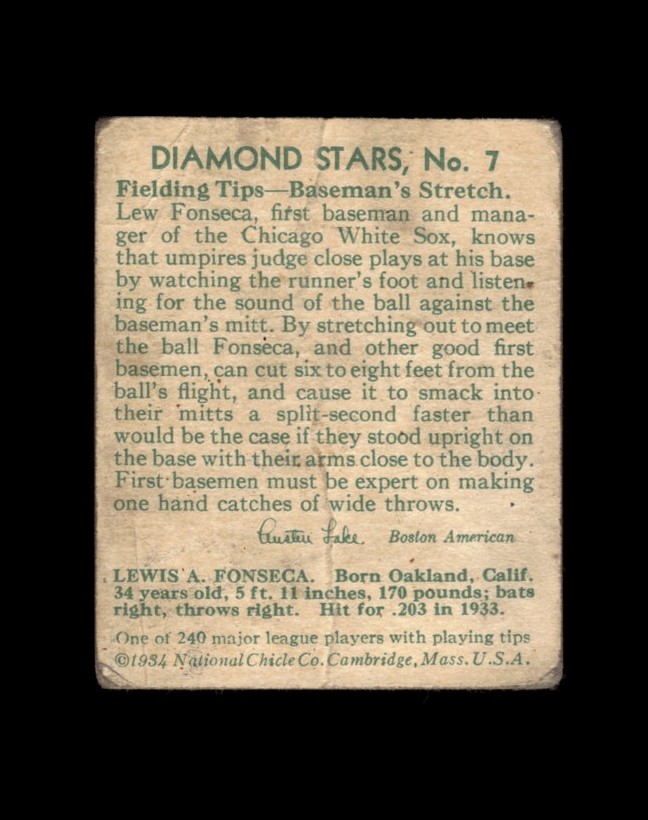 1934-36 Diamond Stars Set-Break # 7 - Lew Fonseca LOW GRADE (crease ...