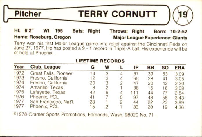 1978 Phoenix Giants Cramer #6 Terry Cornutt Roseburg Oregon OR Baseball ...