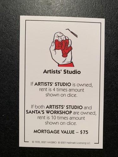 Monopoly Hallmark ARTIST'S STUDIO Title Deed Card 2021 | eBay