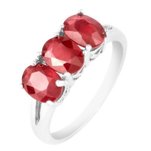 HEATED NATURAL 7X5MM RUBY RED 3 GEMSTONE STERLING SILVER 925 RING SIZE ...