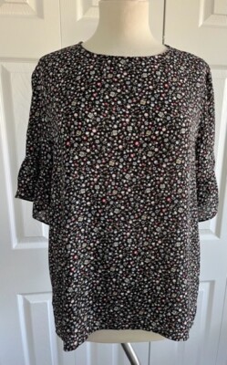 NWT Premise Size Large Short Ruffled Sleeves Gathered Back Blouse Black Print | eBay