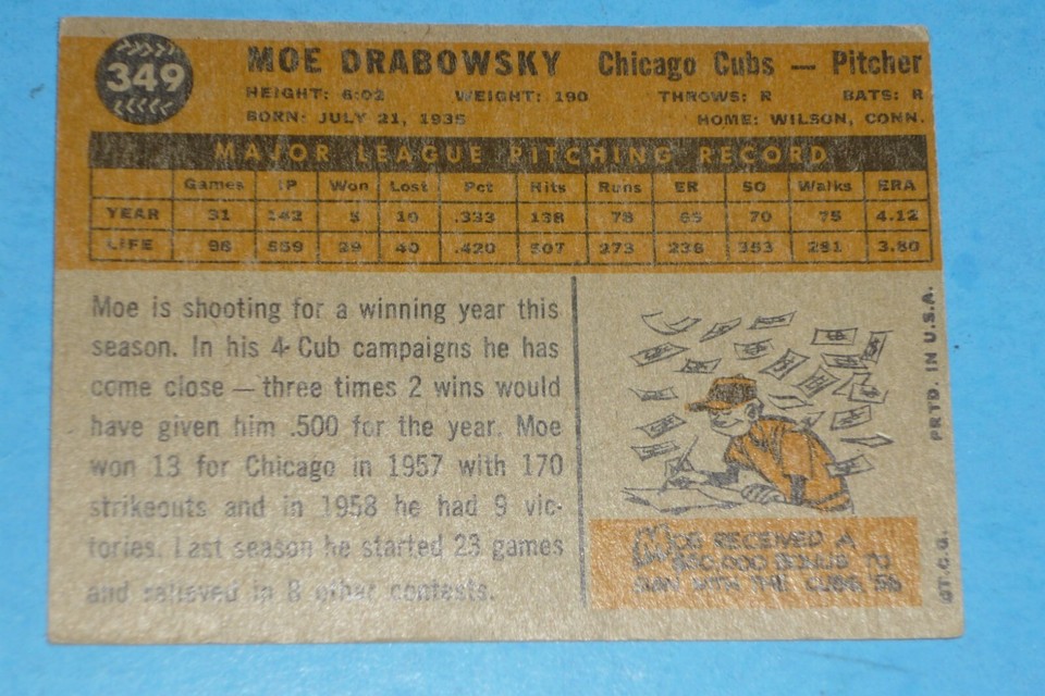 MOE DRABOWSKY - CHICAGO CUBS PITCHER - 1960 TOPPS BASEBALL CARD #349 | eBay