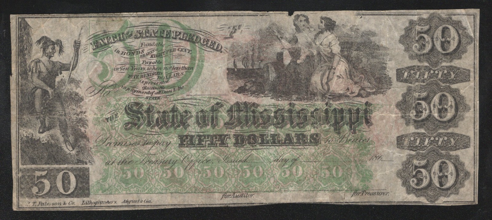 186_ $50 State of Mississippi "Cotton Pledged" Obsolete Bank Note 5678 ...