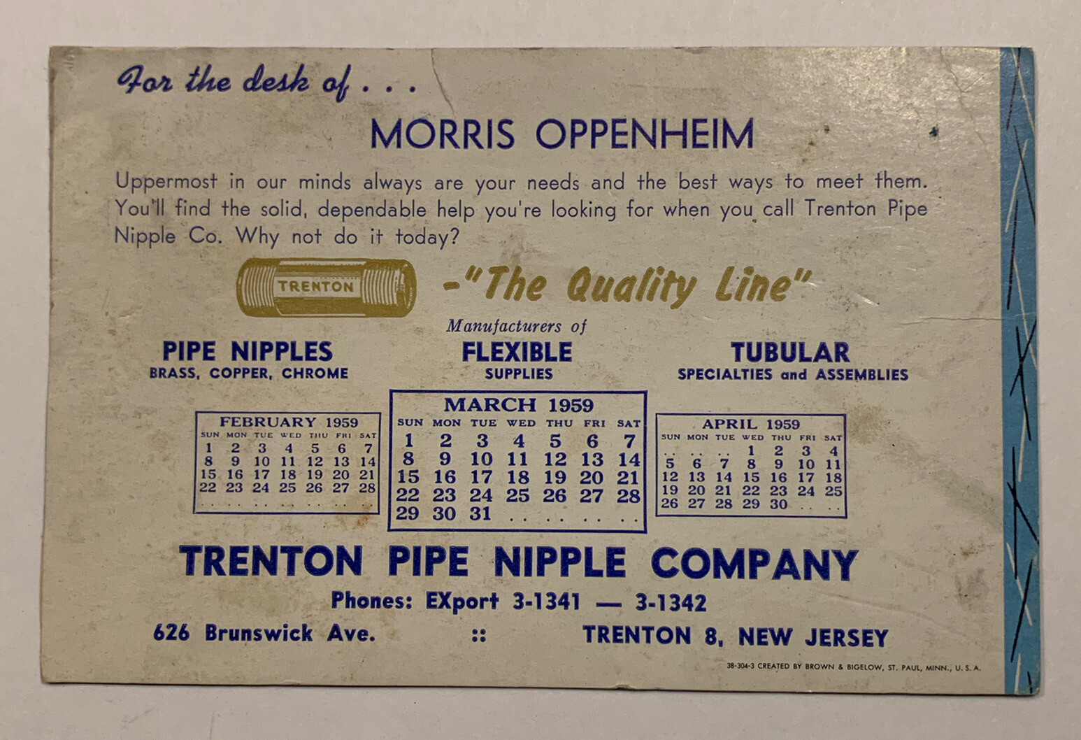 BLOTTER CARD: 1959 - Trenton Pipe Nipple Company - New Jersey | eBay