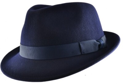 💎Mens Gangster Navy Trilby Fedora Hat 100% Wool Felt Hat With Grosgrain ...