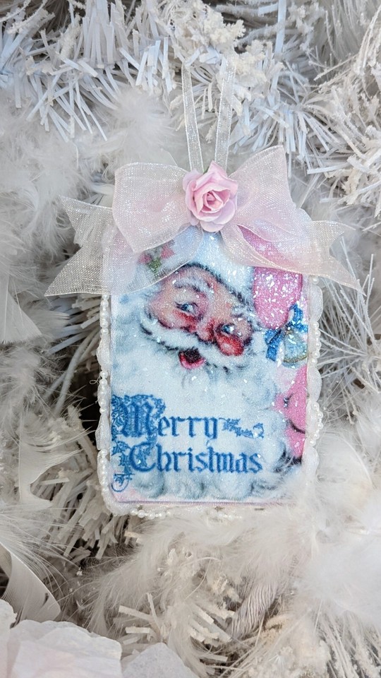 Shabby Chic Victorian Pink Santa Roses Glitter Decoupage Christmas ...