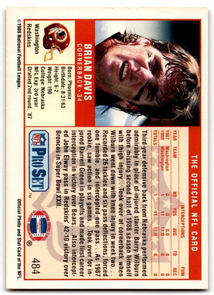 1989 Pro Set Brian Davis Rookie Washington Redskins #484 | eBay
