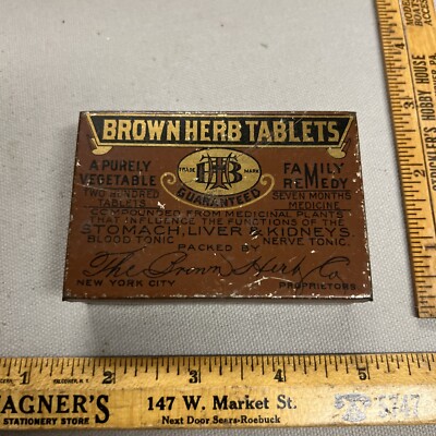 VINTAGE TURN OF THE CENTURY QUACK MEDICINE TIN BROWN HERB TABLETS NYC ...
