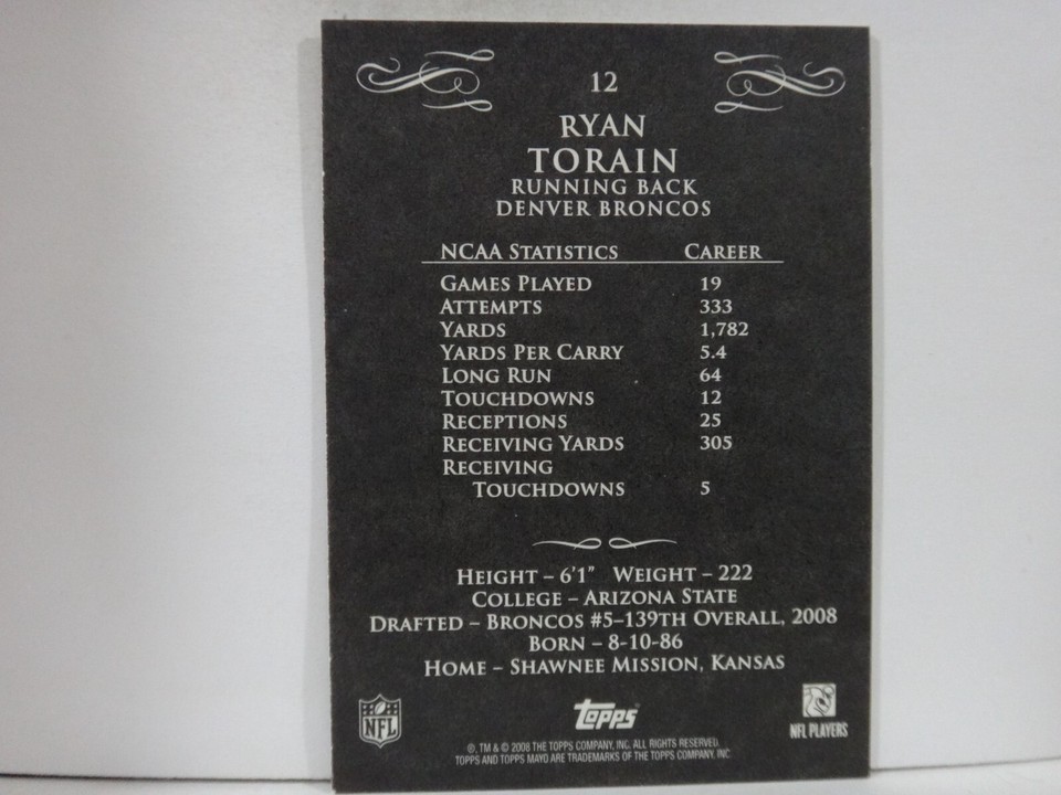 2008 Topps Mayo Football Card #12 Ryan Torain SP Rookie | eBay