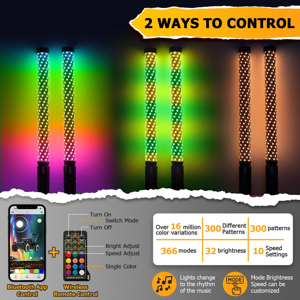 2FT Fat LED Whip APP Controlled Antenas De LED Quick Release Whip Light ...