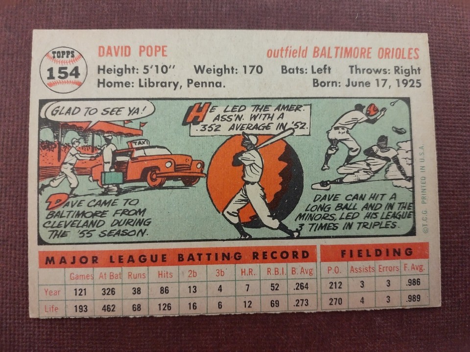 1956 TOPPS #154 Dave Pope "WHITE BACK" Baltimore Orioles ⚾⚾⚾ | eBay