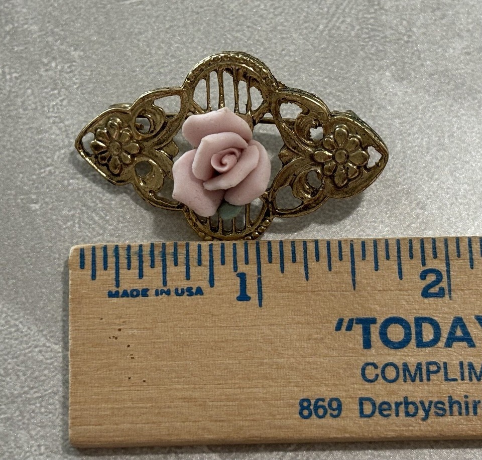 Pink Rose Brooch Gold Filigree Pin Porcelain Vintage Collectible | eBay