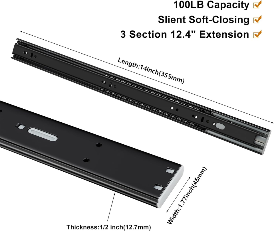 1 Pair Soft Close Drawer Slides 14 Inch Side Mount Drawer Slides for ...